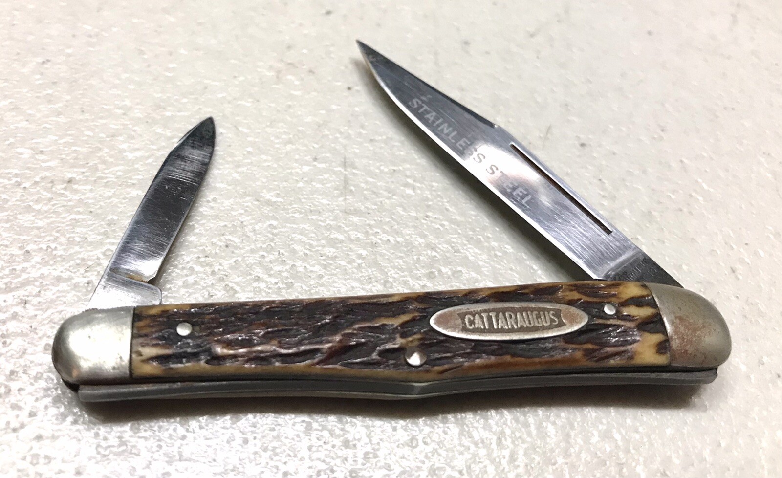 Vintage Antique Cattaraugus StainlessAntler Stag Folding 2Blade Pocket ...