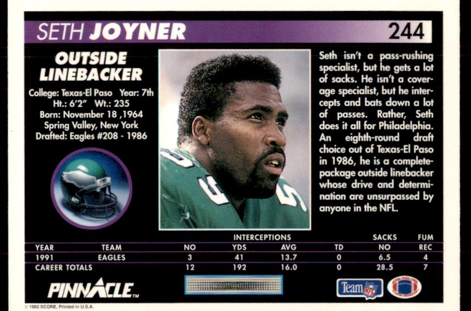 1992 Pinnacle Seth Joyner Philadelphia Eagles #244 | eBay