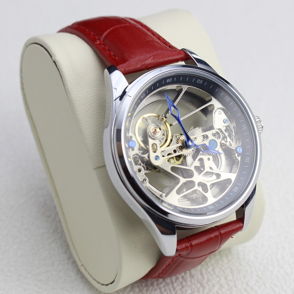 41MM Men's Watch Skeleton Bridge Movement Automatic Mechanical Leather ...