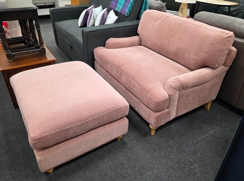 Dusky Pink Love Seat Armchair & Large Footstool Light Wood feet Used ...