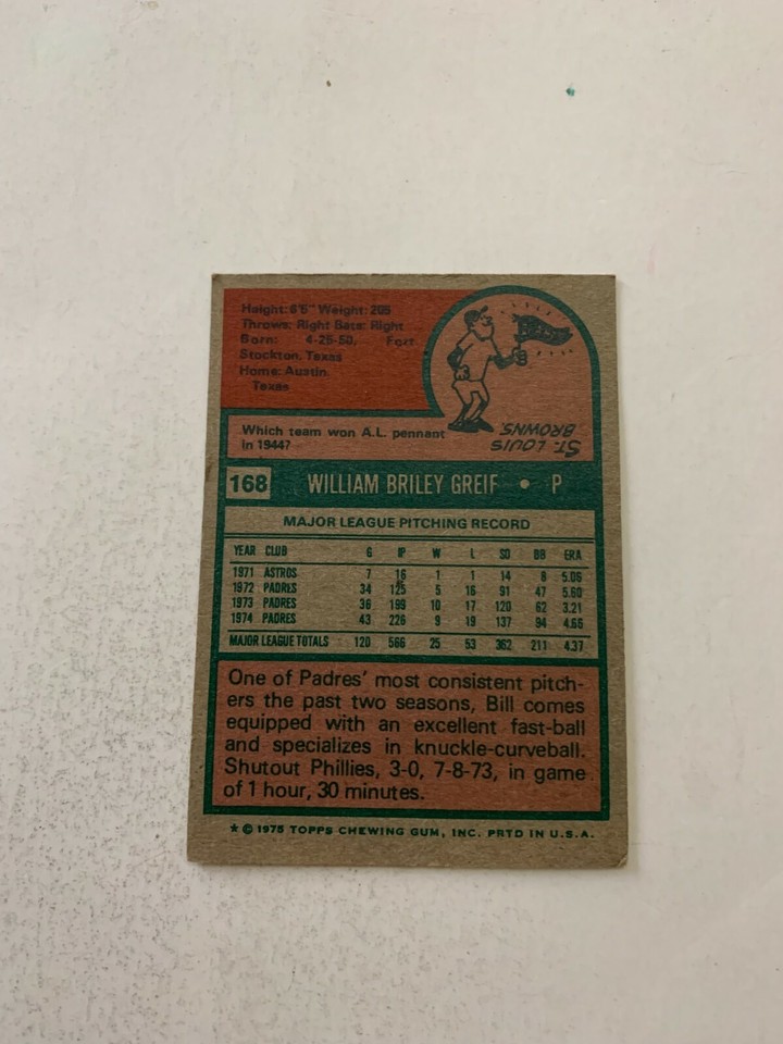1975 San Diego Padres William Briley Grief 168 Topps Baseball Card | eBay