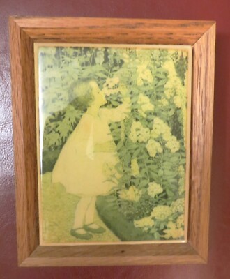 Vintage Kimberly Enterprises Ceramic Tile. Oak Frame; Little Girl With ...