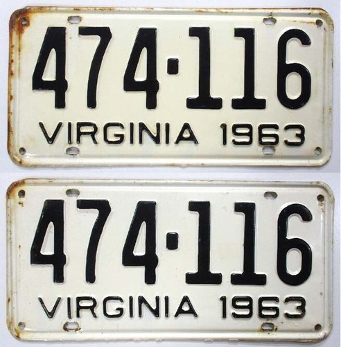 Virginia 1963 License Plate Pair Set 474-116 | eBay