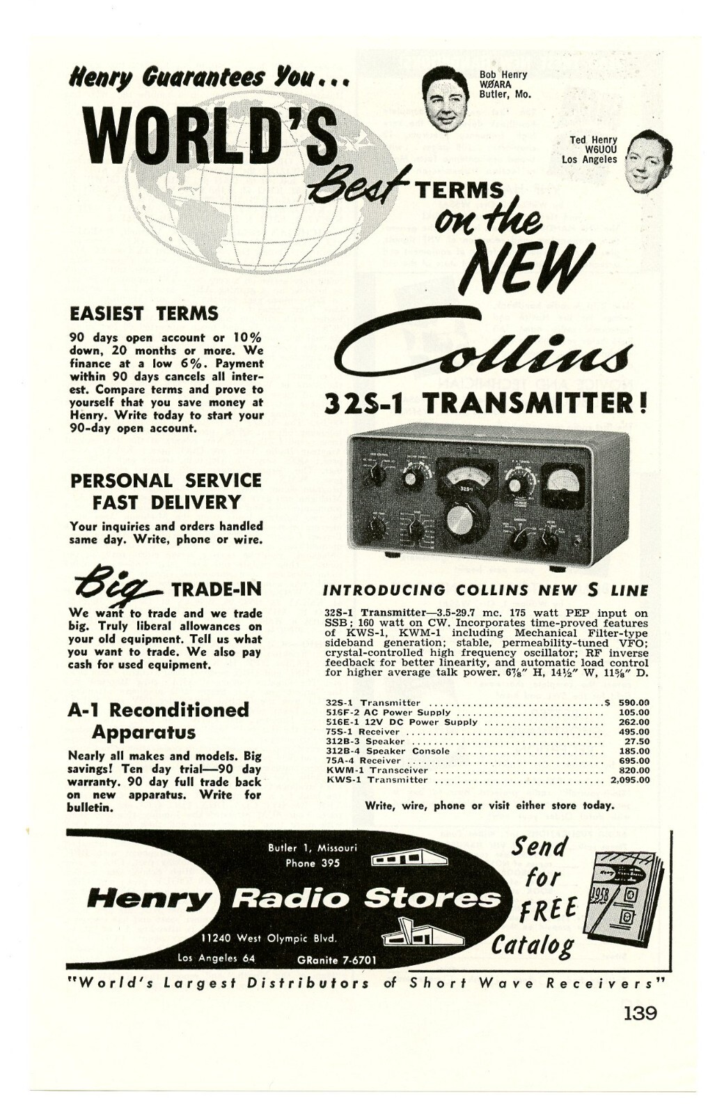QST Ham Radio Magazine Ad BEST Terms on NEW COLLINS 32S-1 Transmitter ...
