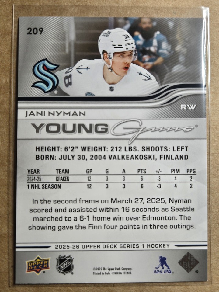 2025/26 Upper Deck NHL Series 1 Jani Nyman Young Guns KRAKEN | eBay