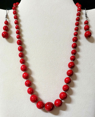 Red Howlite Beaded Necklace (17-20 Inches) and Earrings in Silvertone ...