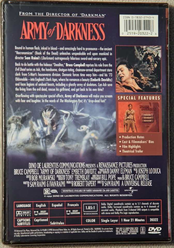 NEW- Army of Darkness DVD Bruce Campbell Embeth Daviditz Patricia ...