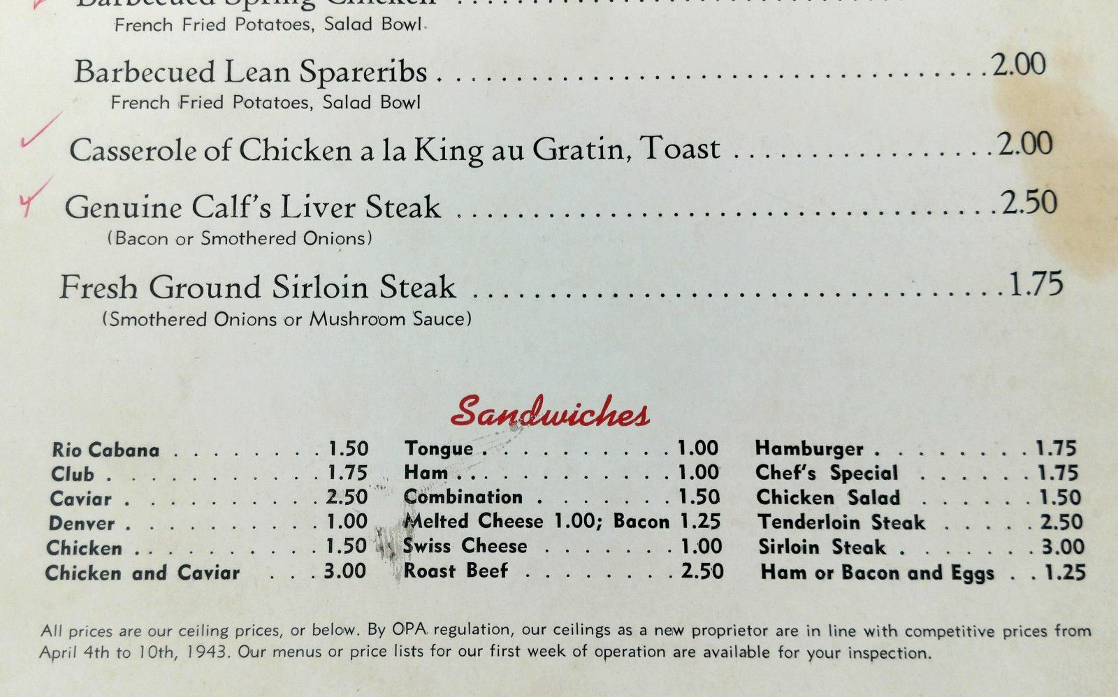 1940's Original WWII War Era Ration Menu RIO CABANA Restaurant ? New ...