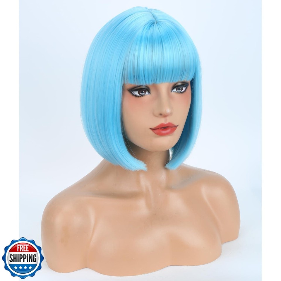 MAGQOO Sky Blue Bob Wig with Bangs - Light Blue Short Straight Hair ...