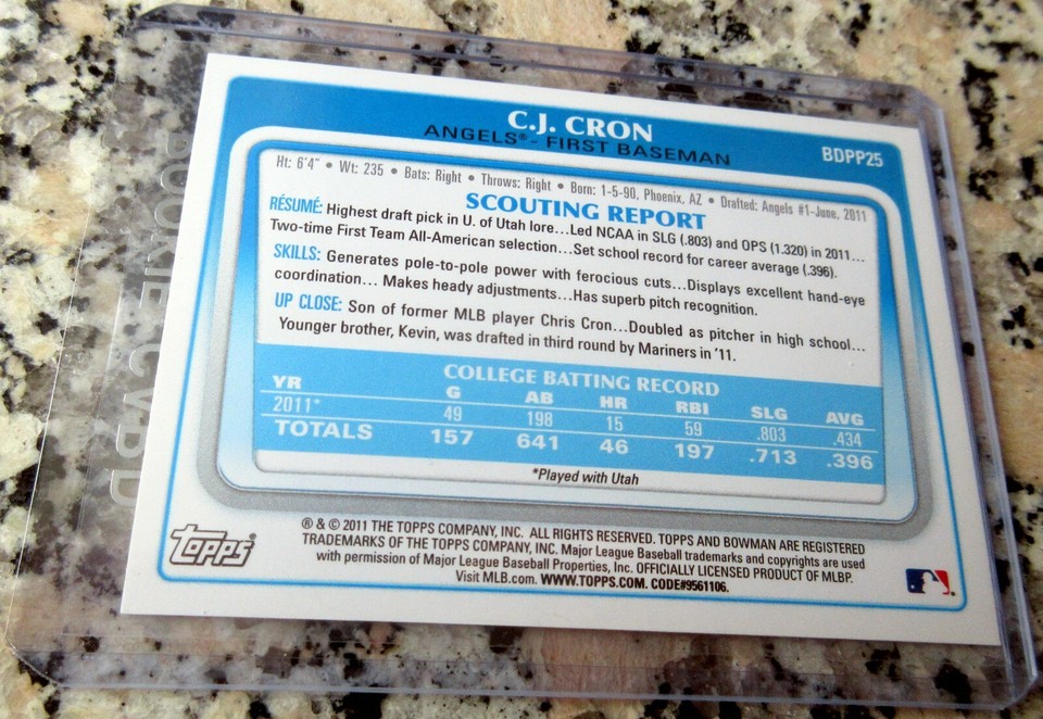 C.J. CJ CRON 2011 Bowman BLACK #1 Draft Pick 1st TRUE Rookie Card RC Red Sox🔥$$ | eBay