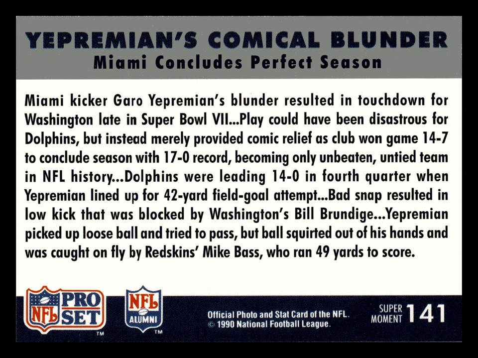 Yepremian's Comical Blunder 1990 Pro Set Super Bowl XXV #141 Supermen ...