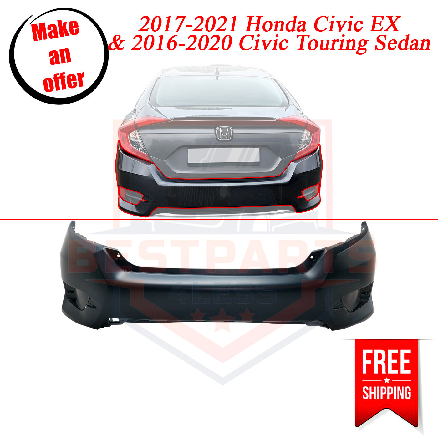 Rear Bumper Cover HO1100296C 04715TBAA00ZZ CAPA primed fascia for Honda ...