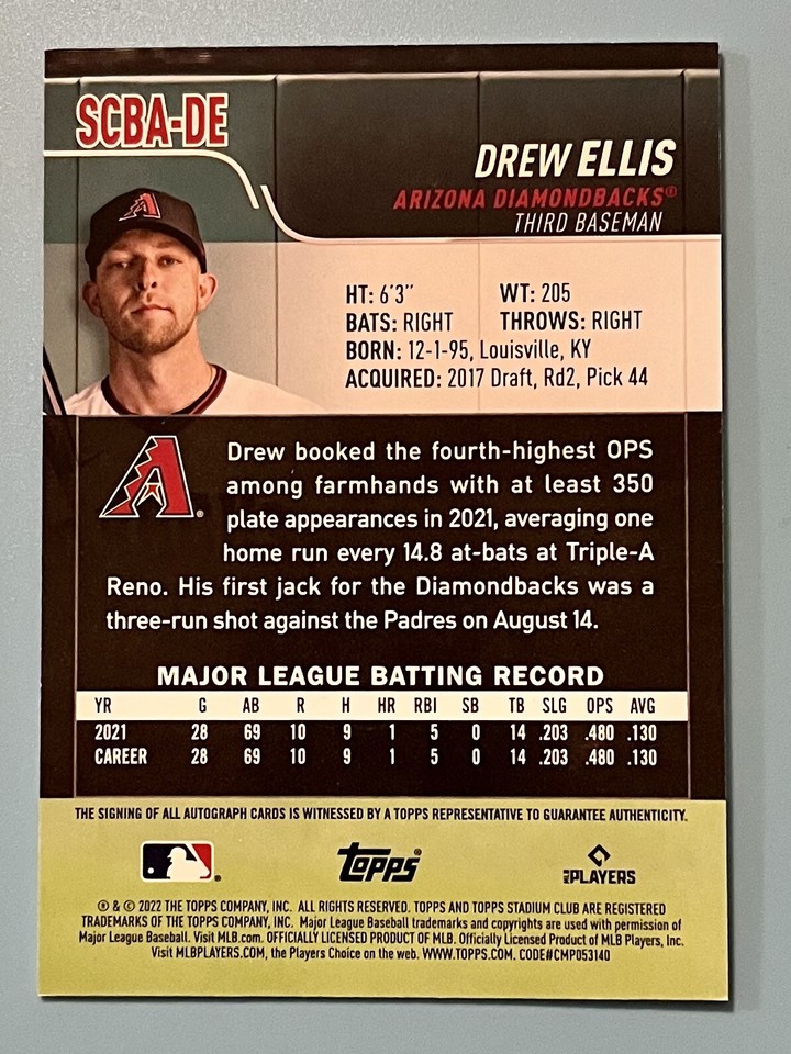 2022 TOPPS STADIUM CLUB DREW ELLIS AUTOGRAPH SP RC #SCBA-DE Arizona ...
