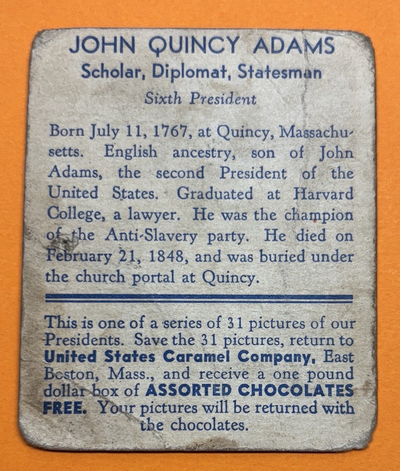 1932 U.S. Caramel Presidents Card John Quincy Adams ORANGE Variation ...