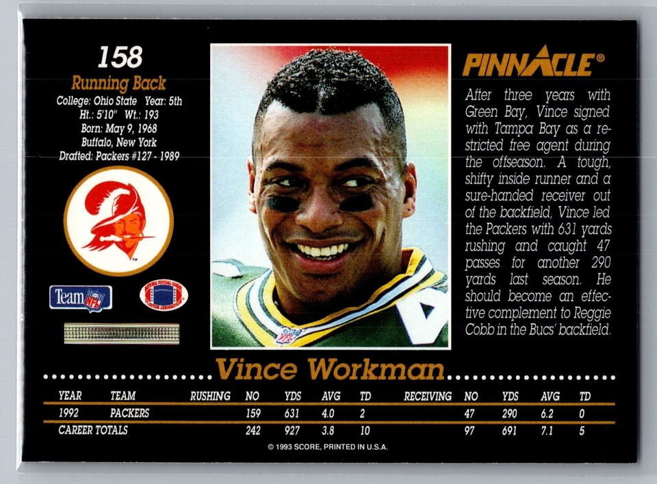 1993 PINNACLE CARD # 158 Vince Workman - Tampa Bay Buccaneers | eBay