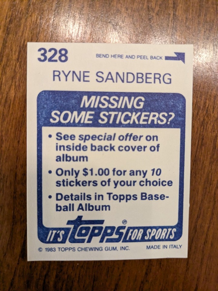 RYNE SANDBERG ROOKIE - 1983 TOPPS STICKER #328 - HALL OF FAME - CUBS ...