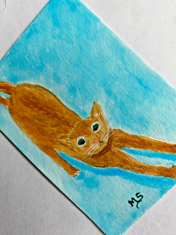 Cat Original ACEO Painting, Cat Stretching ATC Cat art For Cat Lovers ...