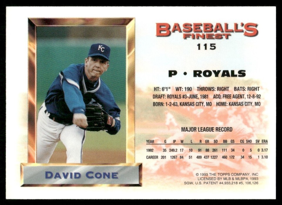 David Cone Kansas City Royals #115 1993 Finest Baseball Card | eBay