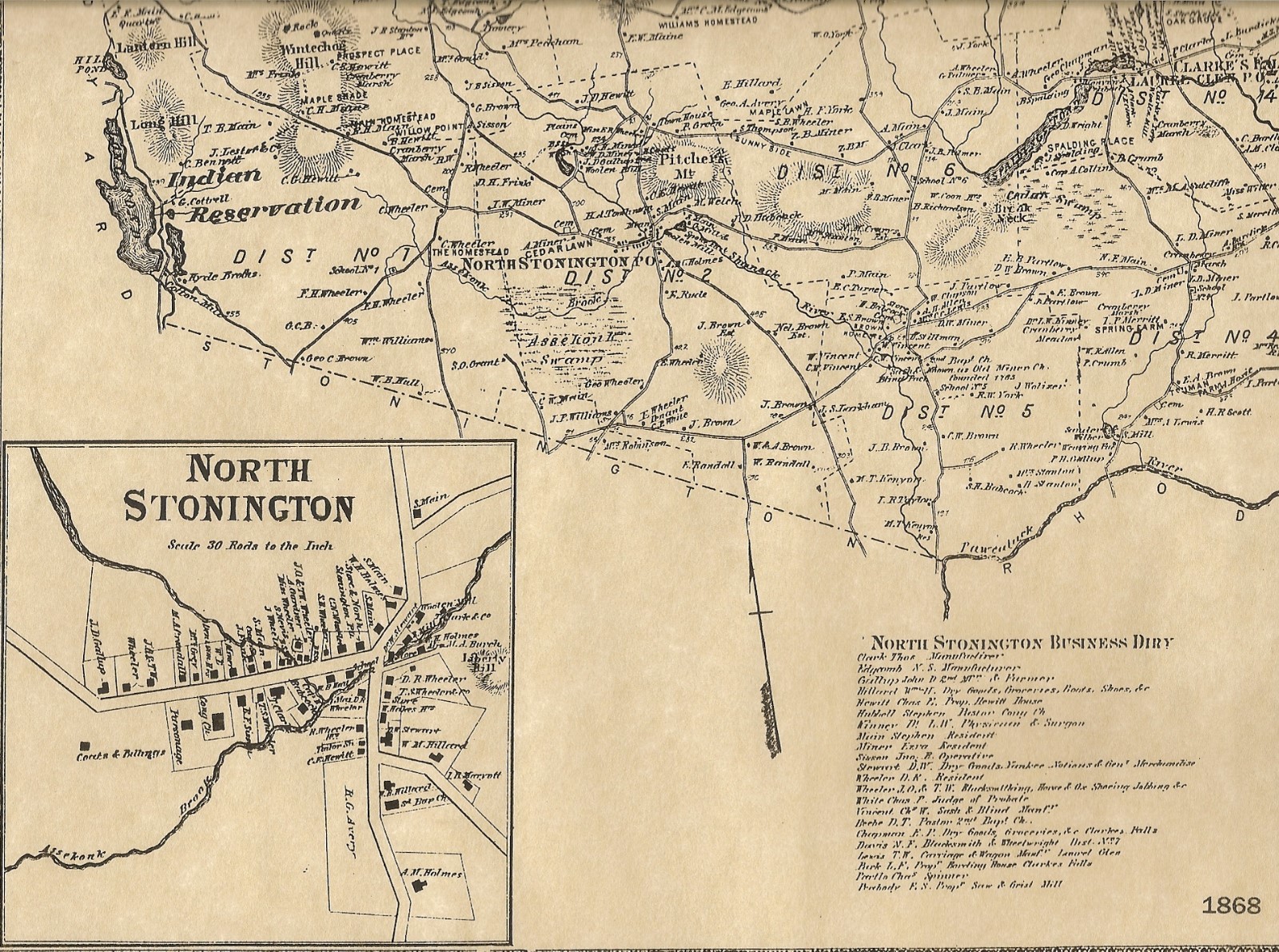 North Stonington Clarks Falls Laurel Glen CT 1868 Maps Homeowners Names ...