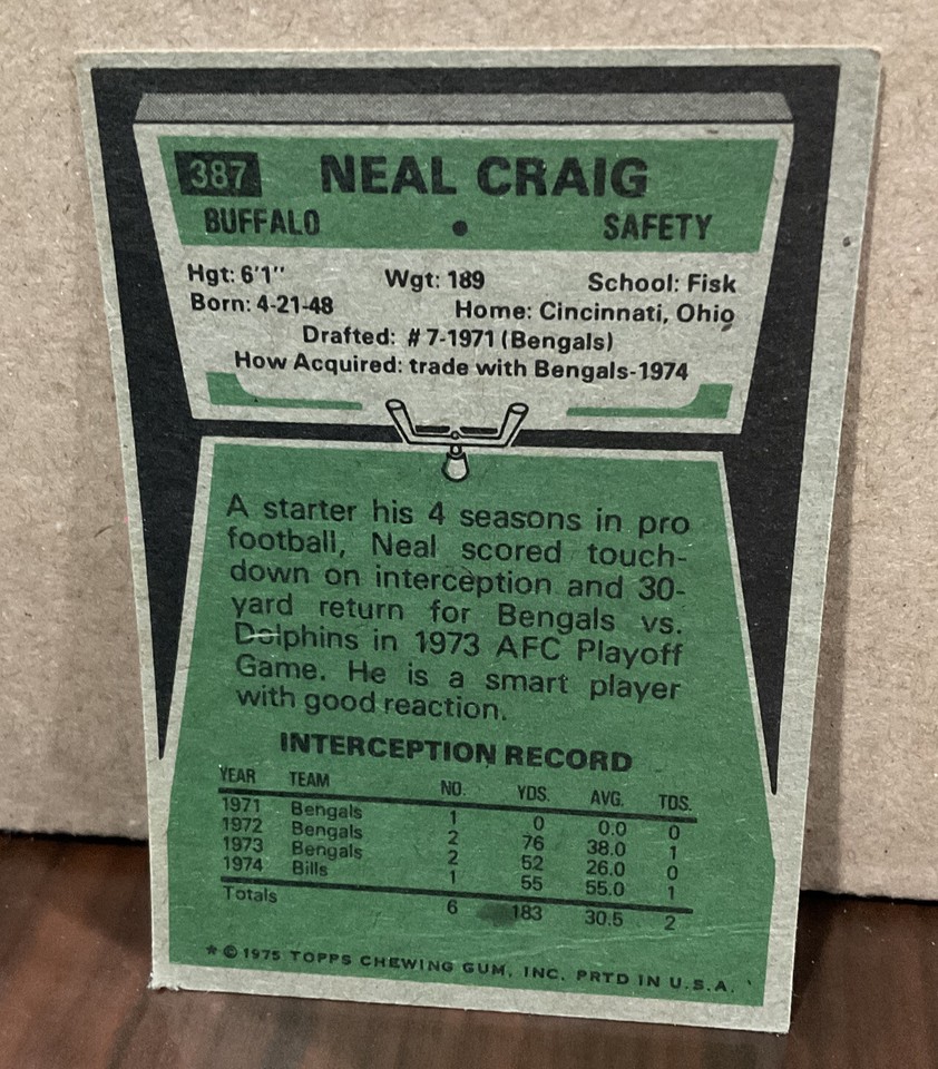 NEAL CRAIG 1975 TOPPS FOOTBALL CARD #387 - BUFFALO BILLS | eBay