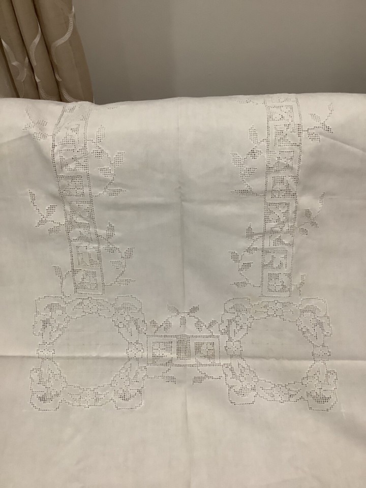 vintage linen tablecloth embroidery pullwork 104 x 70 heavy ecru | eBay