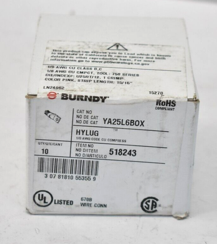 Burndy Compression Terminals 1 Hole Hylug Lug YA25L6BOX 518243 Lot of ...