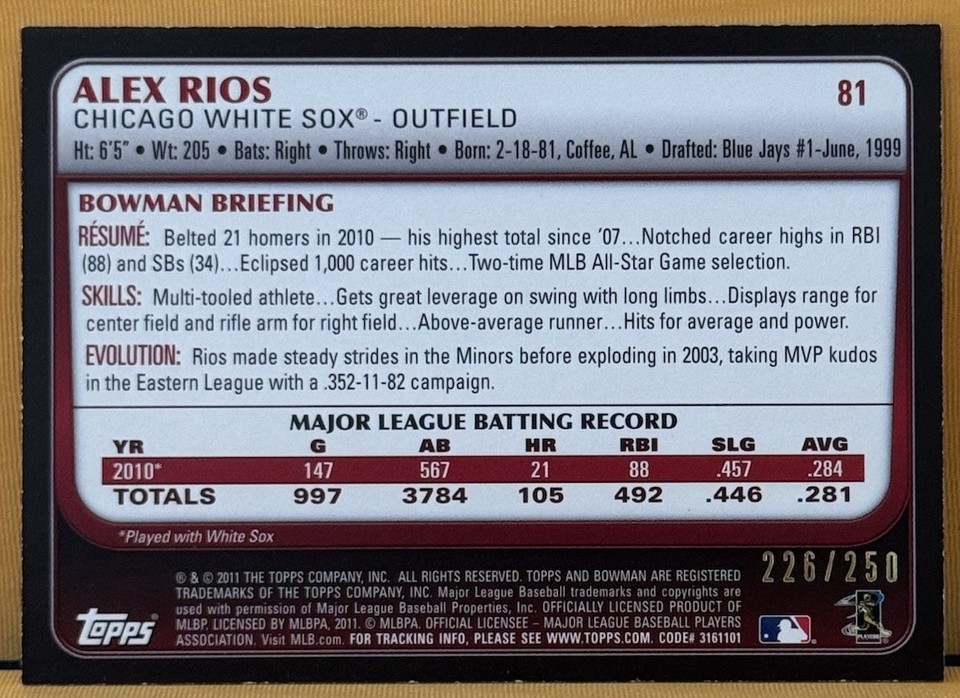 2011 Bowman Baseball Alex Rios Orange Border Parallel Chicago White Sox ...