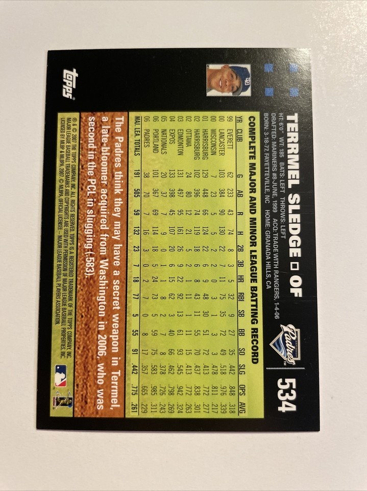 2007 Topps Baseball Terrmel Sledge Autographed Card #534 CB216 | eBay