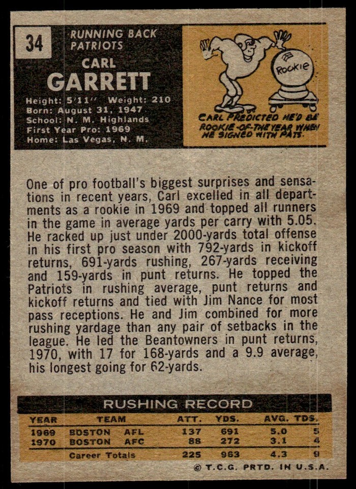 1971 TOPPS CARL GARRETT RC NEW ENGLAND PATRIOTS #34A | eBay