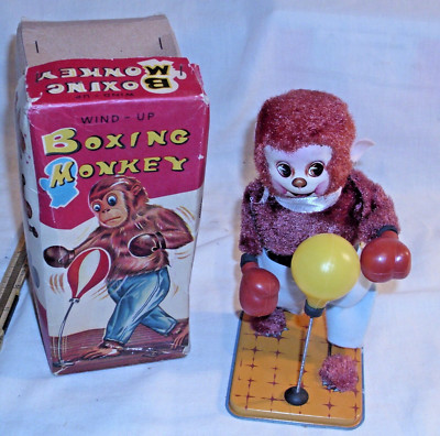 BOXING MONKEY TIN WIND UP CLOCK WORK TOY 1950s T.N. JAPAN WORKS BOXED ...