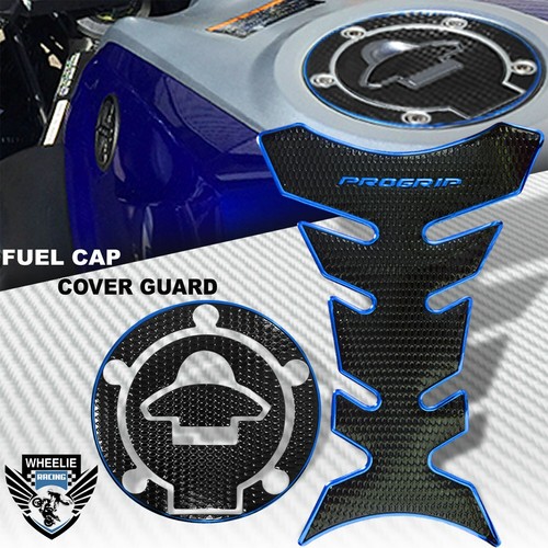 CHROME BLUE&BLACK PRO GRIP FUEL TANK PAD+GAS CAP COVER GUARD 14-23 YZF ...