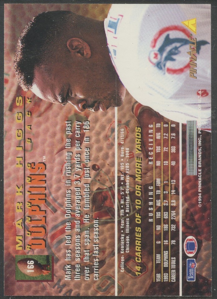 1994 Pinnacle #166 Mark Higgs Miami Dolphins | eBay