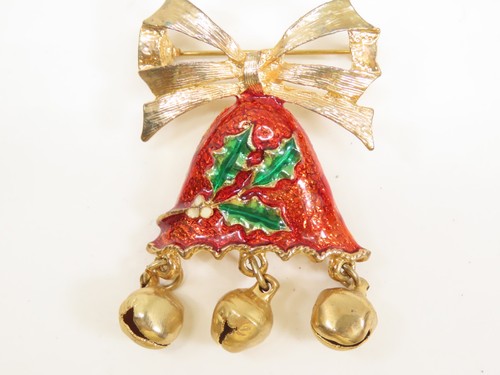 Christmas Brooch Pin Bell Jingles Holly w/ Bow Enamel Gold Tone Vintage ...