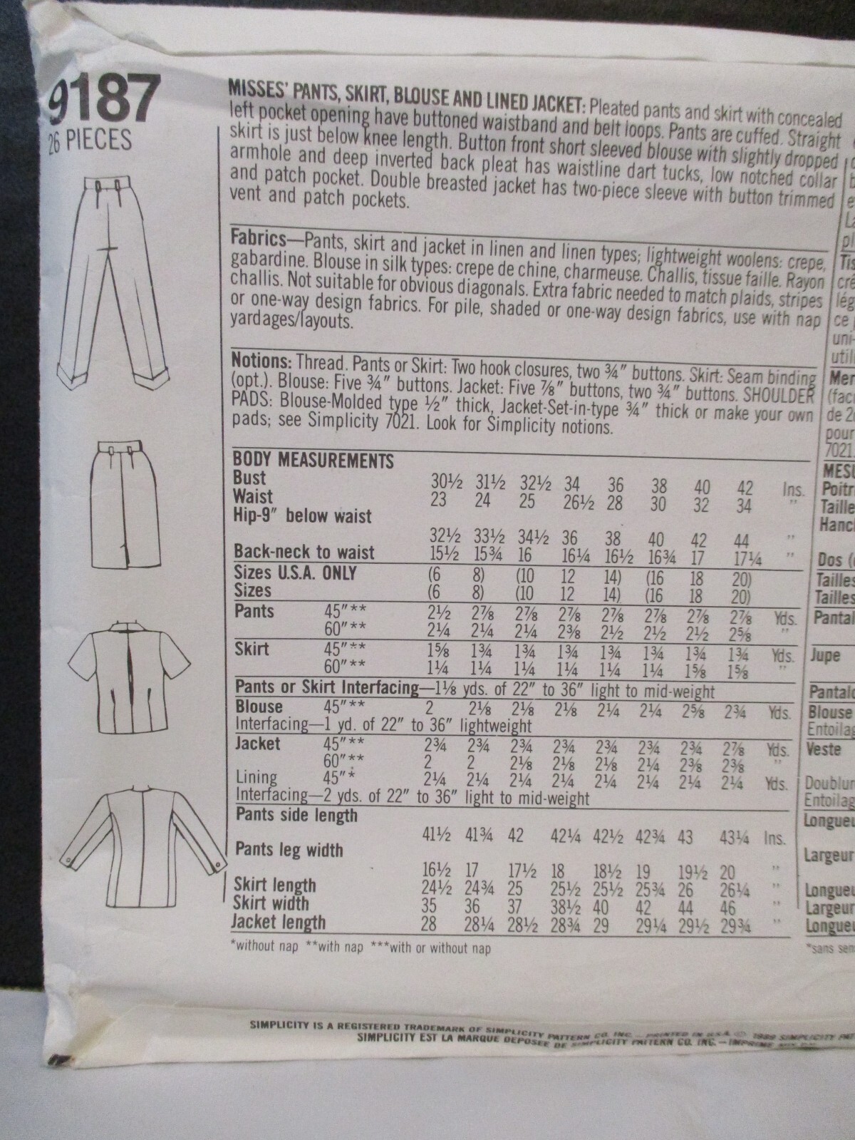 Simplicity Pattern 9187 Misses Pants Skirt Blouse Jacket Size 16-18-20 ...