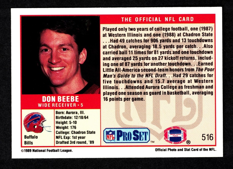 1989 PRO SET RC #516 DON BEEBE - BUFFALO BILLS - ROOKIE CARD - *02 | eBay