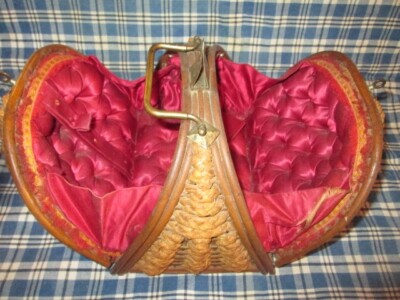 Antique Victorian Rattan Sewing Basket Tufted Satin Interior 1887 Reg ...