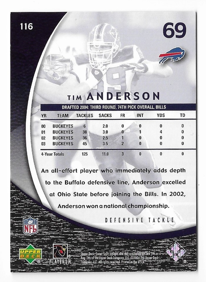 Tim Anderson 2004 Upper Deck Sweet Spot Rookie #69 /499 Buffalo Bills ...