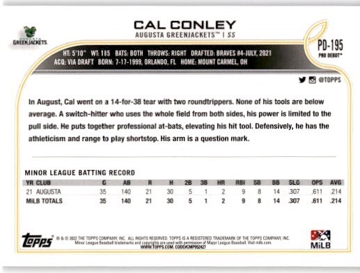 CAL CONLEY 2022 Topps Pro Debut #PD-195 Augusta GreenJackets | eBay