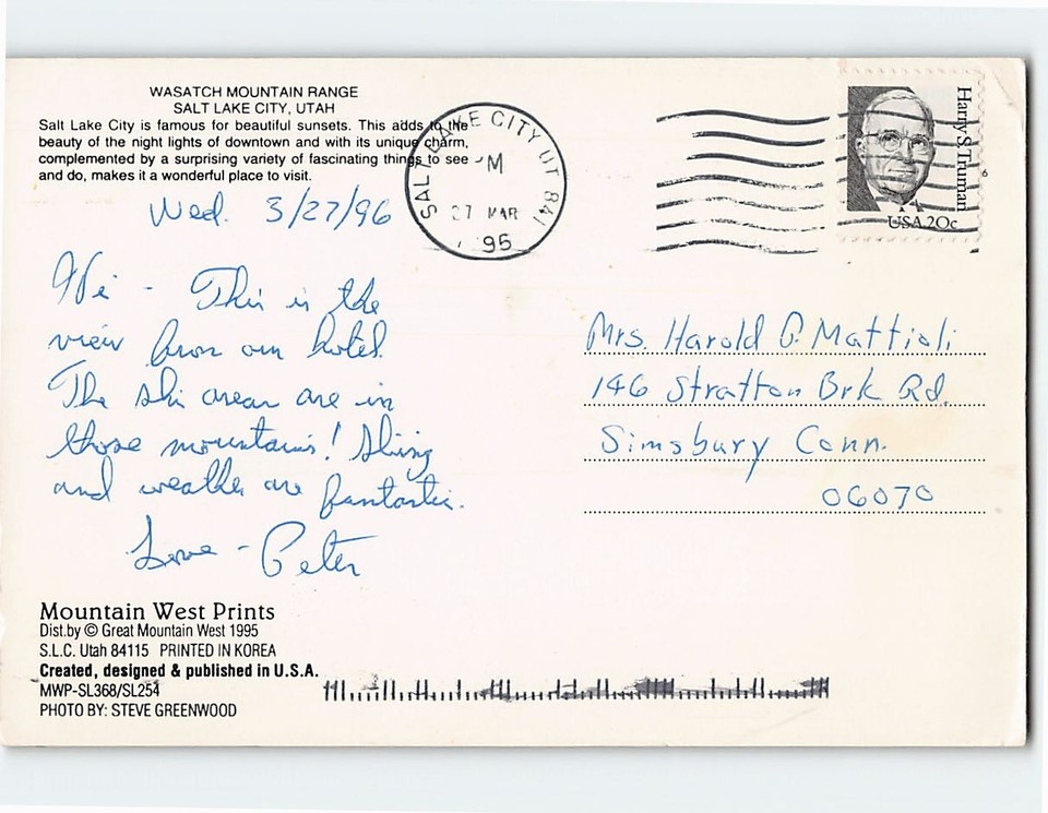 Postcard Wasatch Mountain Range Salt Lake City Utah USA | eBay