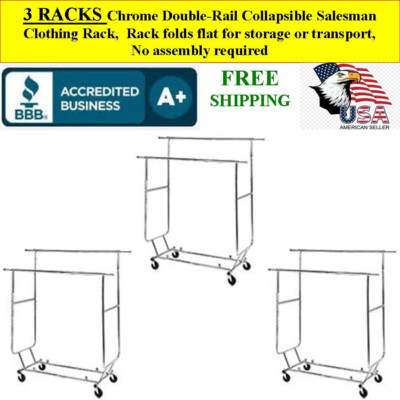 3 RACKS Chrome Double-Rail Collapsible Salesman Clothing Rack with ...