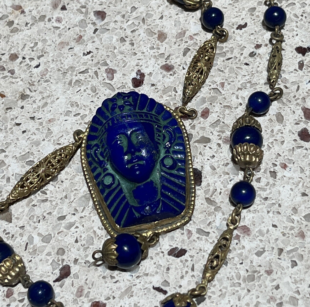 1920s Egyptian Revival Neiger Necklace Ornate Brass … - Gem