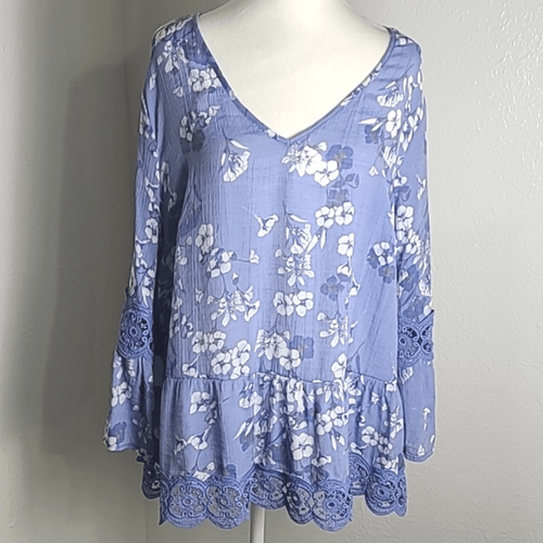 Unique Spectrum Boho Blue & White Floral Blouse, Embroidered Trim, Size ...