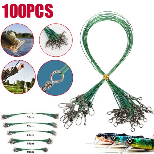 100Pcs Trace Wire Leader Fishing Line Stainless Steel Lures Snap Swivel ...
