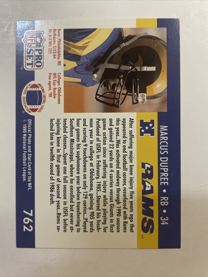 1990 NFL Pro Set Marcus Dupree Autographed Card #762 Los Angeles Rams A ...