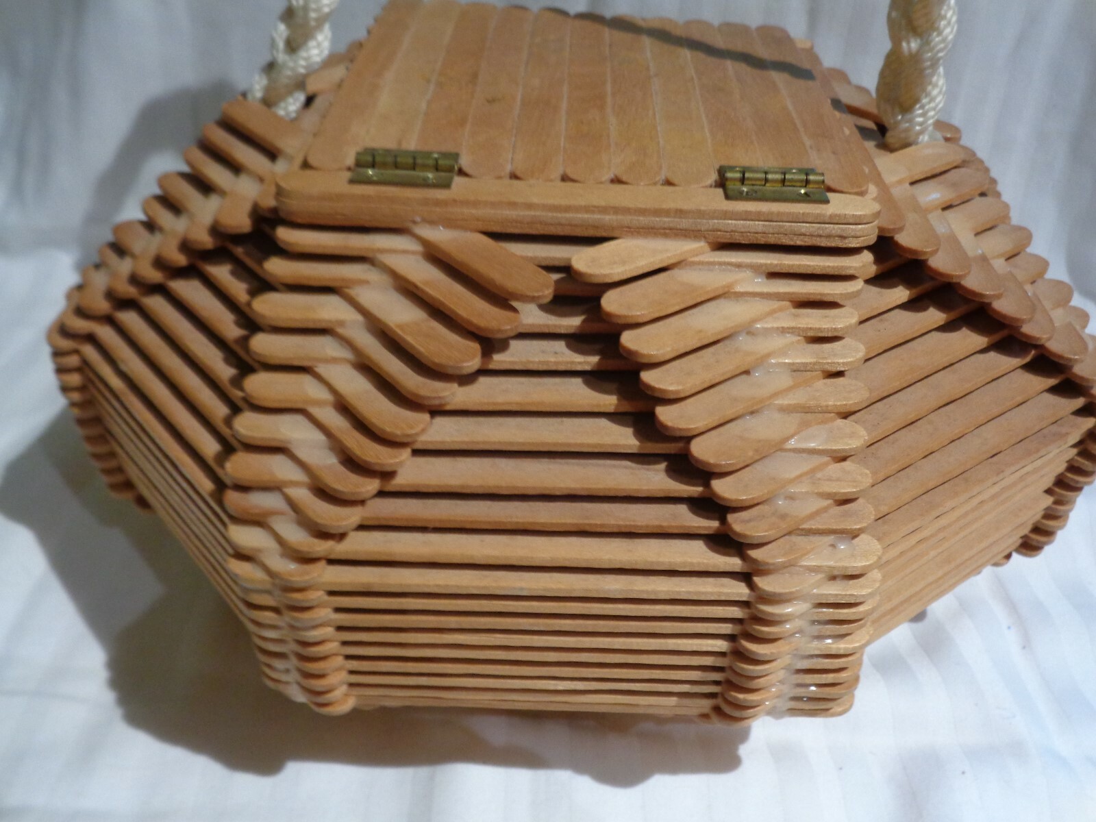 Vintage wood popsicle sticks purse basket hinged lid gypsy boho handbag ...