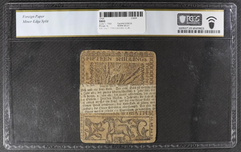 Delaware 1759 15 Shillings printed by Benjamin Franklin PCGS 15 Details ...