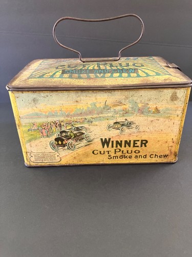 VINTAGE WINNER CUT PLUG TOBACCO TIN LUNCH BOX STYLE RACE CAR EMPTY TIN ...