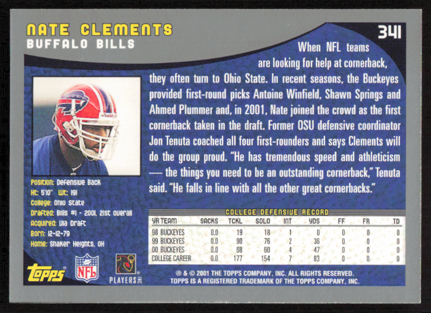 2001 Topps - #341 Nate Clements (RC) | eBay