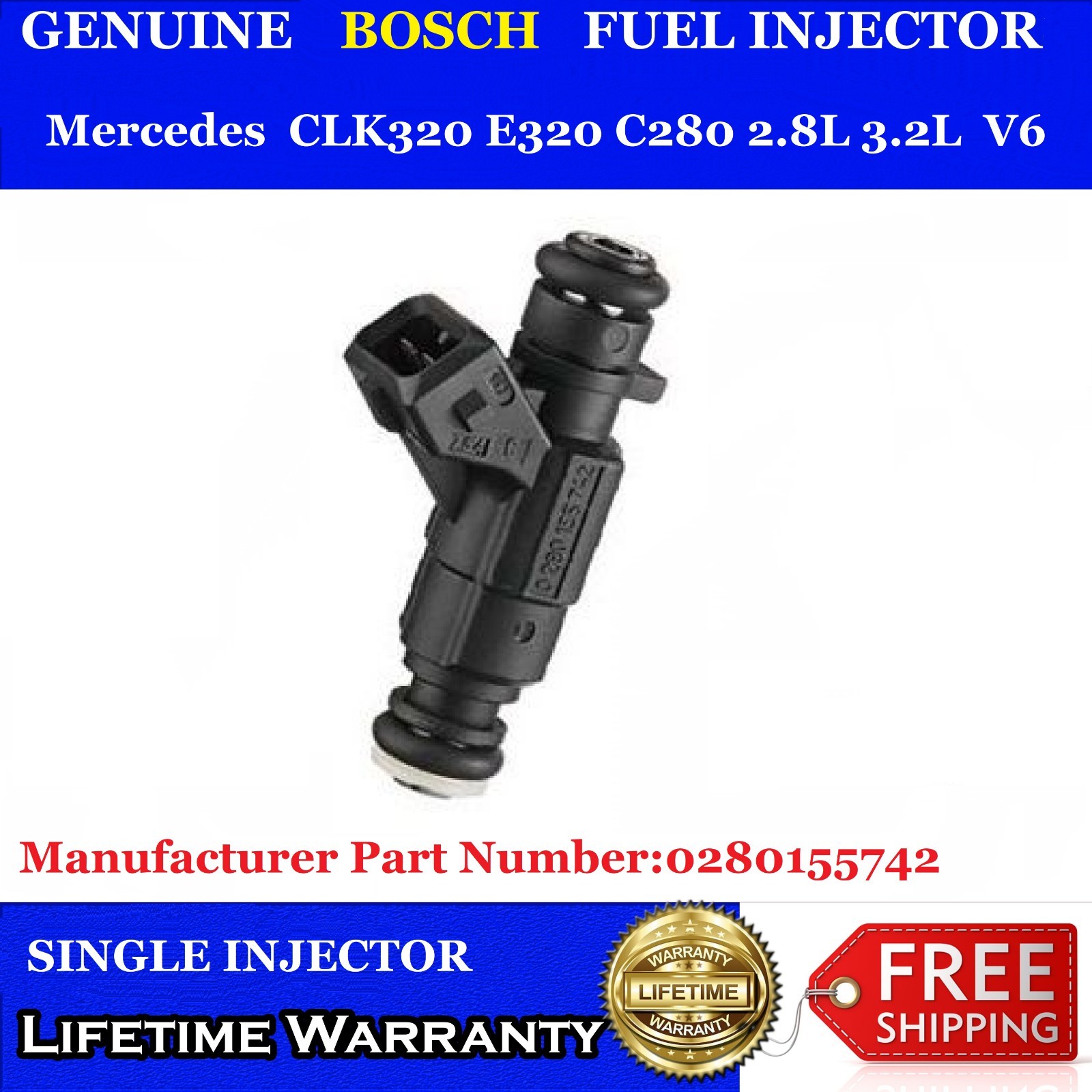 Genuine Bosch Single Fuel Injector for Mercedes 3.2L 2.8L V6 CLK320 ...