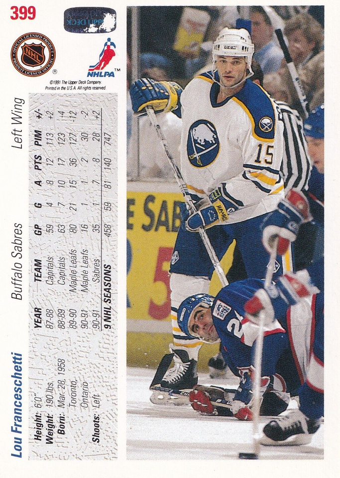 1991 Upper Deck #399 Lou Franceschetti NHL Buffalo Sabres + Free ...